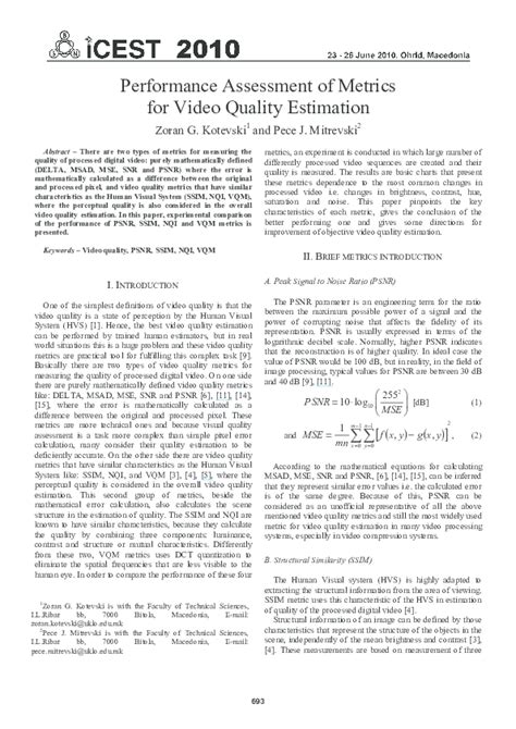Pdf Performance Assessment Of Metrics For Video Quality Estimation