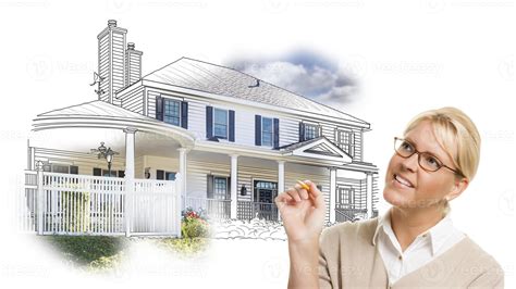 Woman With Pencil Over House Drawing And Photo On White 16444525 Stock Photo At Vecteezy