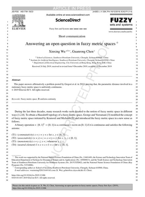 Pdf Answering An Open Question In Fuzzy Metric Spaces