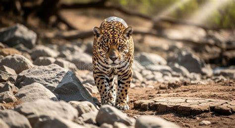 Jaguar Approaching Strolling Through Rocky Terrain With Intense Stare