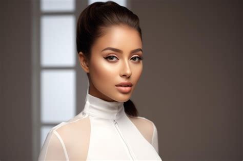 Young Beautiful Female In Highneck Blouse Premium Ai Generated Image