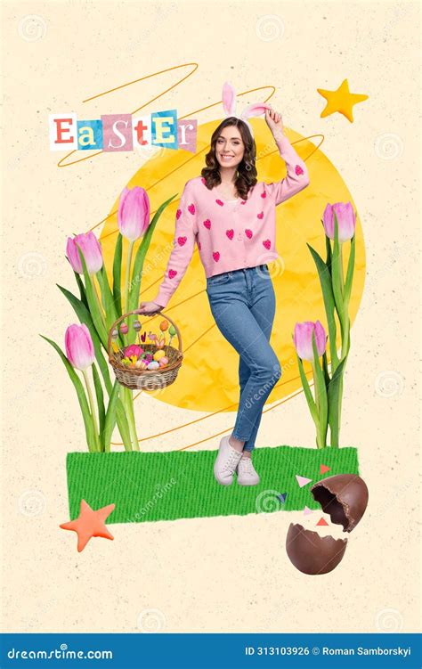 Creative Abstract Template Collage Of Cute Girl Bunny Ears Collect Eggs