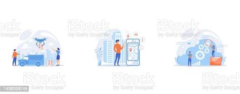 Autonomous Delivery Van With Sensors And Drone Delivering Parcel A Man Near Huge Lcd Screen With