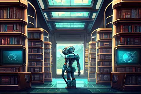 High Tech Library With Automated Bookcase Robotic Librarian And