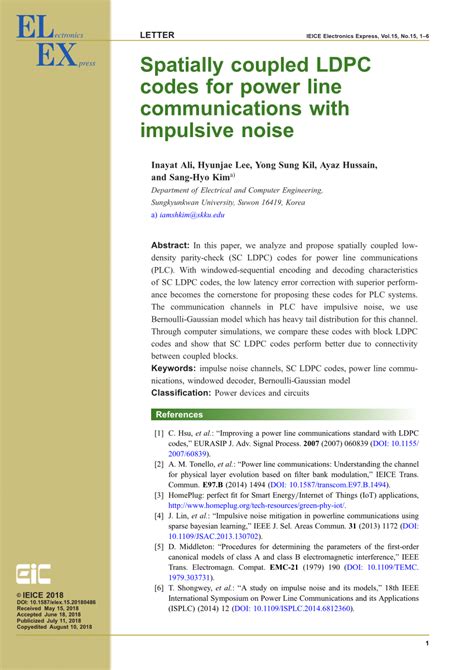 Pdf Spatially Coupled Ldpc Codes For Power Line Communications With