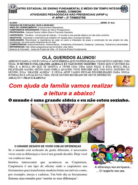 4 Apnp Projeto De Vida E Protagonismo 8º Ano Adaptada Pdf