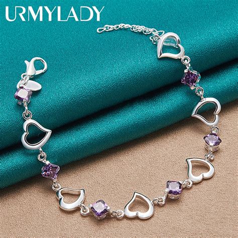 URMYLADY Sterling Silver Heart Purple Aaa Zircon Chain Cm Bracelet Engagement Party