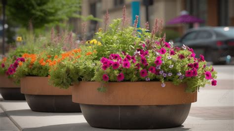 꽃과 함께 도시 보도에 화분에 심은 식물 꽃이 있는 농장주 사진 배경 일러스트 및 사진 무료 다운로드 Pngtree