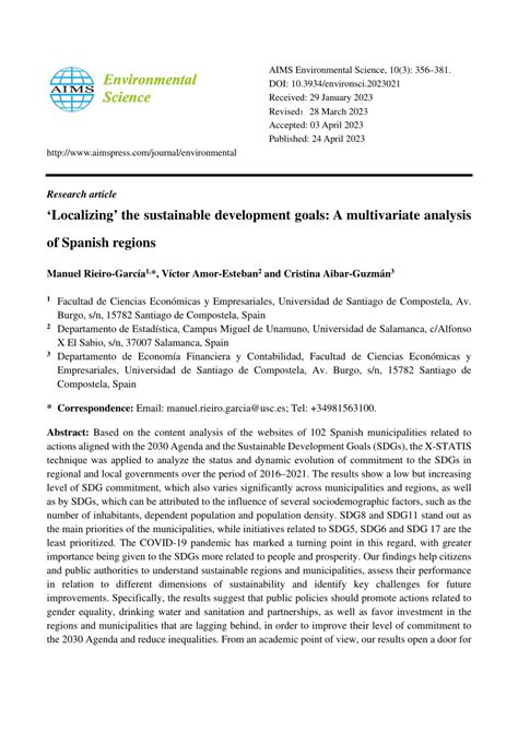Pdf Localizing The Sustainable Development Goals A Multivariate Analysis Of Spanish Regions