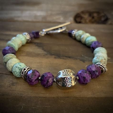 Chrysoprase Charoite Gemstone Bracelet Mint Green And Purple Gemstone