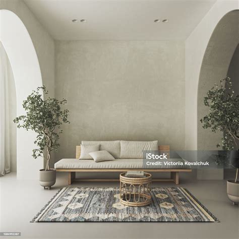 치장 벽토 베이지색 아치 벽이 있는 개념적인 인테리어 거실 파스텔 색상의 고리 버들 테이블이있는 창조적 인 구성 나무 벤치 모형 빈 배경입니다 3d 렌더링 고품질 3d 그림