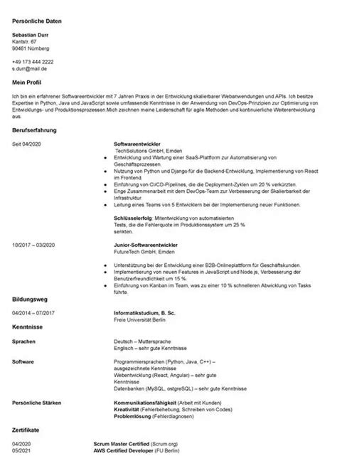 Lebenslauf Softwareentwickler Beispiel Vorlage Muster