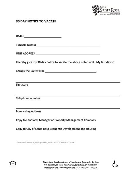 30 Day Notice Intent To Vacate Template Prntbl