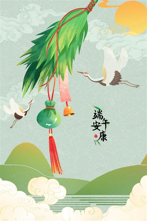 端午节挂艾草戴香囊传统习俗手绘插画图片素材下载 psd格式 熊猫办公