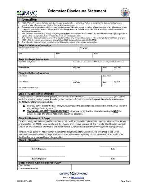 Form OS SS Download Fillable PDF Or Fill Online Odometer Disclosure Statement New Jersey