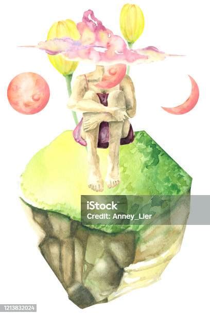구름과 꽃에 머리와 변화하는 달 주기와 앉아있는 여자의 비참한 수채화 조명 분홍에 대한 스톡 벡터 아트 및 기타 이미지 분홍