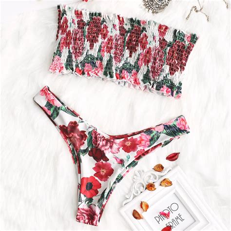 Zaful 2019 New Bikini Beadeau Smocked Floral Bikini Set Sexy Beach High