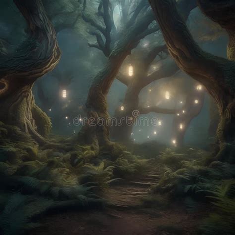 A Mystical Forest Where Trees Have Intricate Carvings Of Mythical
