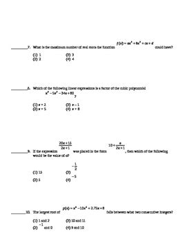 Common Core Algebra 2 Unit Assessment Polynomial Functions TPT