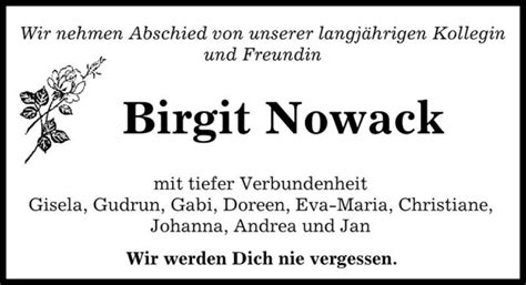 Traueranzeigen Von Birgit Nowack Abschied Nehmende