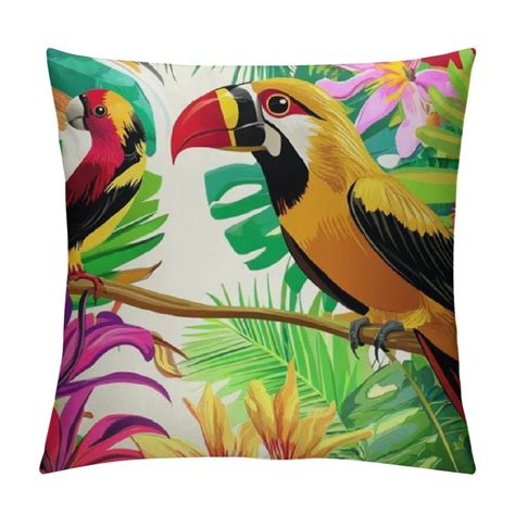 Autua Pillow Covers Tropical Toucan Parrot Bird Green Palm Leaves With