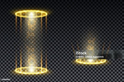 골드 홀로그램 포털 매직 판타지 포털 홀로그램 효과매직 서클 텔레포트 연단 투명한 배경에 불꽃이 있는 벡터 골드 광선 강단에 대한 스톡 벡터 아트 및 기타 이미지 Istock