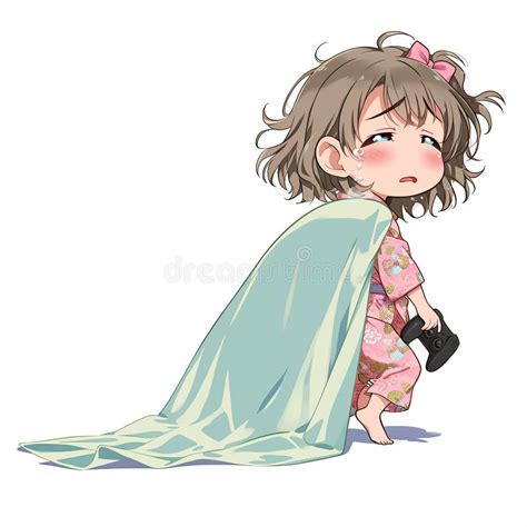 Chibi Character In Kimono Holding Game Controller Looking Sleepy Stock Illustration