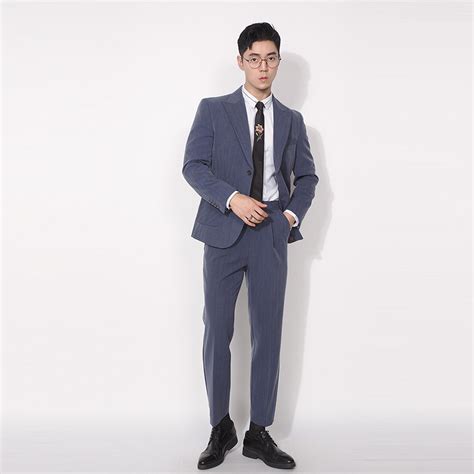川泽男士灰蓝色西装二件套新款韩版修身单排扣暗条纹宽领西服套装虎窝淘