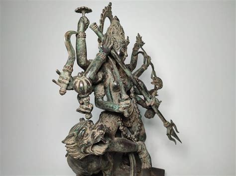 10 Armed Hindu Goddess Mahakali Standing On Roaring Lion Sculpture