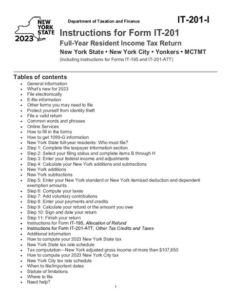 Instructions For Form It 201 Full Year Resident Income Tax Return New York Statenew York