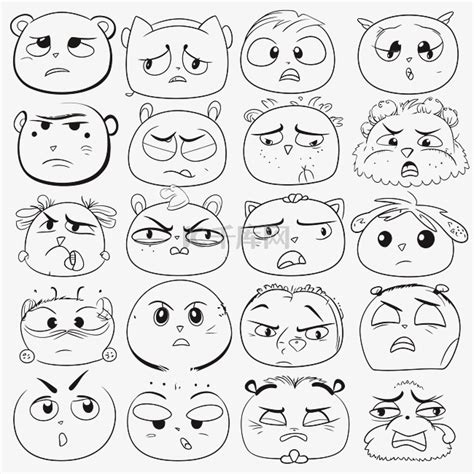 不同种类的卡通生气脸轮廓素描画 向量素材图片免费下载 千库网