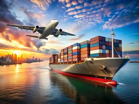 Cargo Container Ship And Airplane At Bustling Port Premium Ai Generated Image