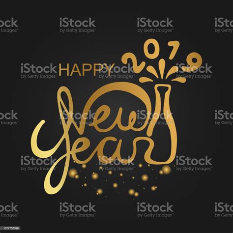 행복 한 새 해 2019입니다 필기 붓글씨 레터링와 버스트 샴페인 병 벡터 일러스트 휴일 포스터 또는 배너 빈티지 축제 골드