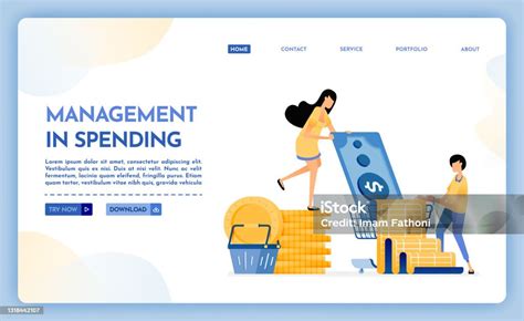지출 관리의 방문 페이지 그림입니다 사람들은 비용을 절감하기 위해 예산을 설정합니다 식료품 및 월별 청구서에 대한 지불 벡터 디자인은 웹 사이트 웹 전단지 포스터에도 사용할