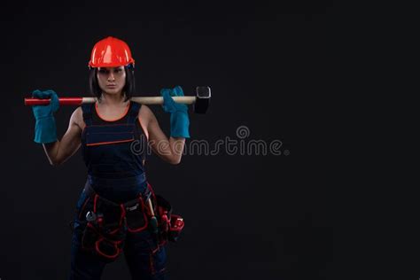 Sex Equality And Feminism Girl In Safety Helmet Holding Hammer Tool