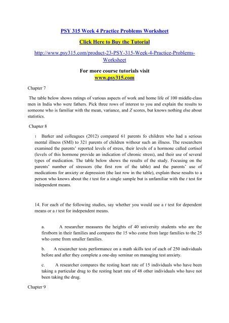 Psy 315 Week 4 Practice Problems Worksheet