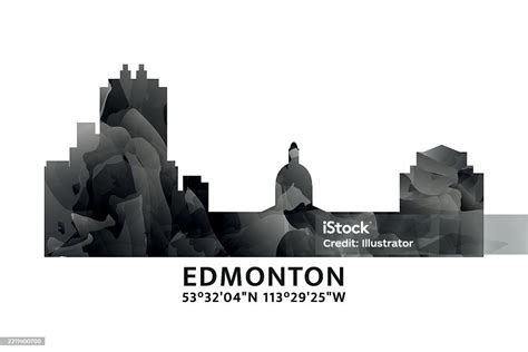 에드먼턴 파노라마 벡터 배지 스카이 라인 로고 및 아이콘입니다 캐나다 앨버타 주 랜드마크와 건물 실루엣이 있는 도시 지평선 로고 고립된 안개가 자욱한 추상적 그라디언트