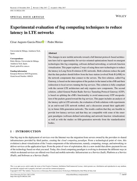 pdf experimental evaluation of fog computing techniques to reduce latency in lte networks