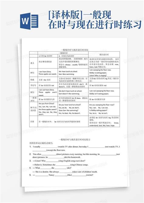 译林版 一般现在时与现在进行时练习word模板下载编号lapewgko熊猫办公