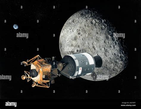Apollo Spacecraft At The Moon Artwork Of The Apollo Lunar Module LM Left Gold And The