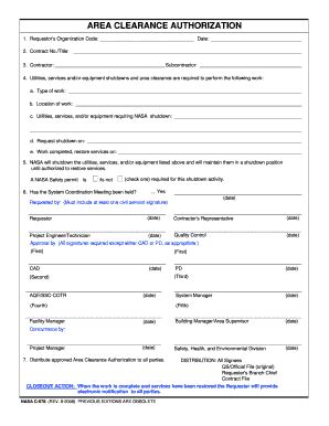 Fillable Online Grc Nasa AREA CLEARANCE AUTHORIZATION Fax Email Print