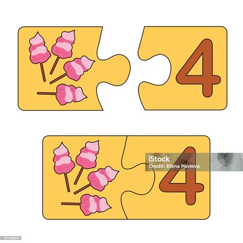 아이들을위한 교육 게임 숫자에 대한 올바른 그림을 찾습니다 숫자 4와 사탕 치실 퍼즐 퍼즐 게임 모자이크 유형 번호 0명에 대한