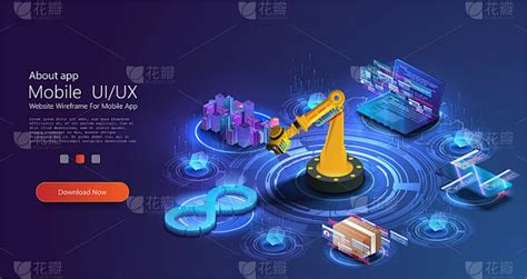 Devops横幅。开发运营，持续过程软件生产和管理。生命周期、无限符号和机器人操纵器的全息图。3d设素材 花瓣网