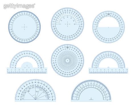 Round Protractors Tools For Angle Measure Scale 180 And 360 Degree Set Realistic Vector
