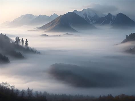 Premium AI Image A Misty Morning Scene With Fog Rolling Over A Serene Lake And Mountains In