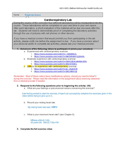 Cardio Lab Lab Assignments For Health And Wellness HSC H102