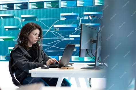 Free Photo Female Governmental Hacker Examines Data On A Computer In