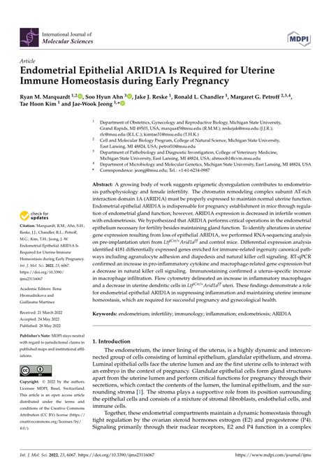 Pdf Endometrial Epithelial Arid1a Is Required For Uterine Immune