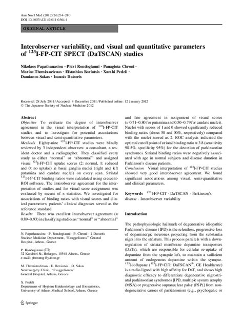 Pdf Interobserver Variability And Visual And Quantitative Parameters Of 123i Fp Cit Spect