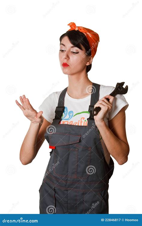 Girl With Spanner Looking At Nails Stock Image Image Of Adult